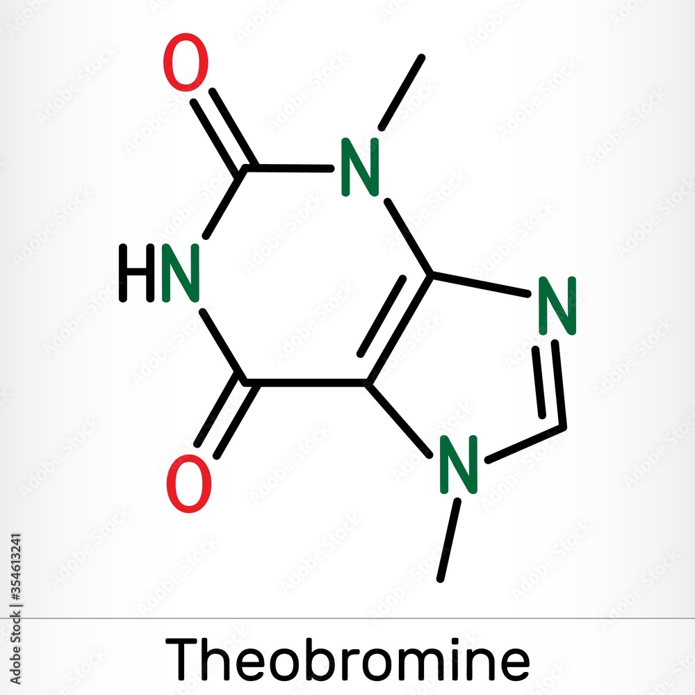 Theobromine, dimethylxanthine, purine alkaloid C7H8N4O2 molecule. It is ...