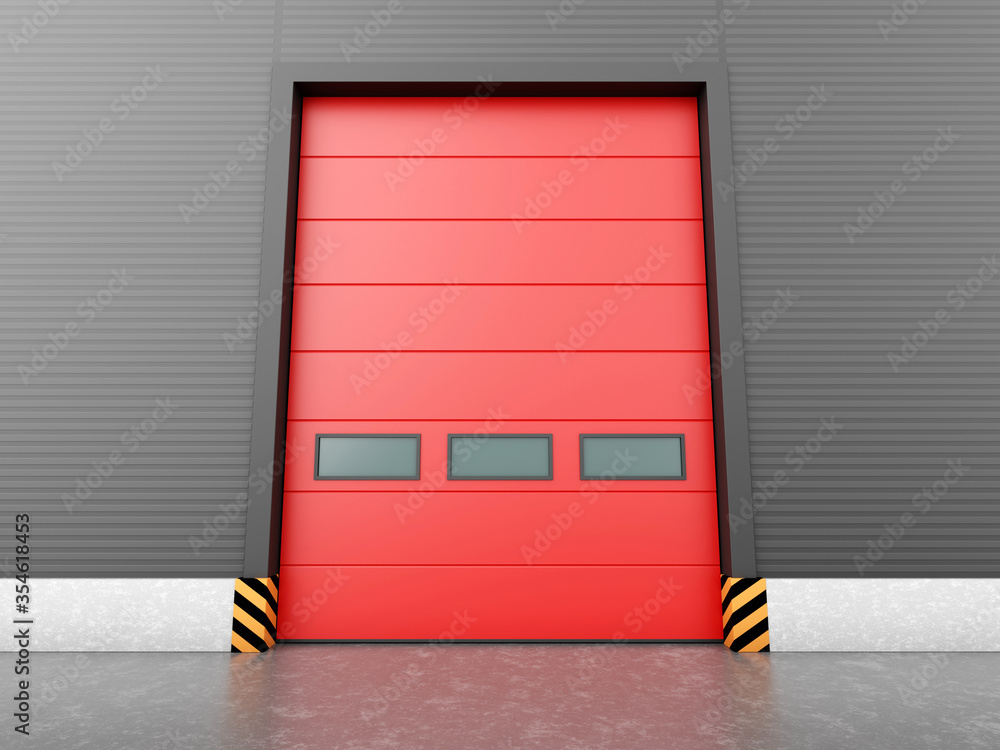 Big red warehouse industrial door with three windows on black metallic ...