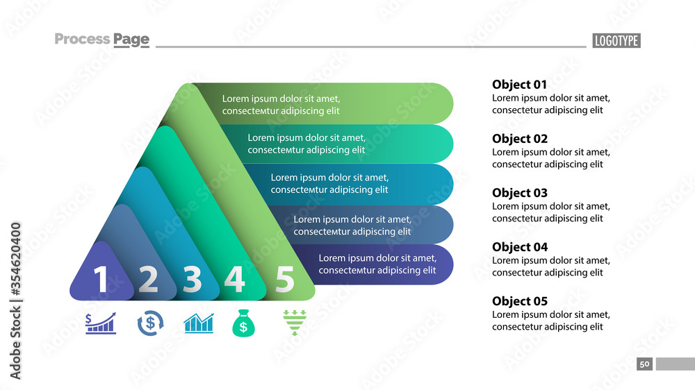 Five elements process chart slide template. Business data. Review ...