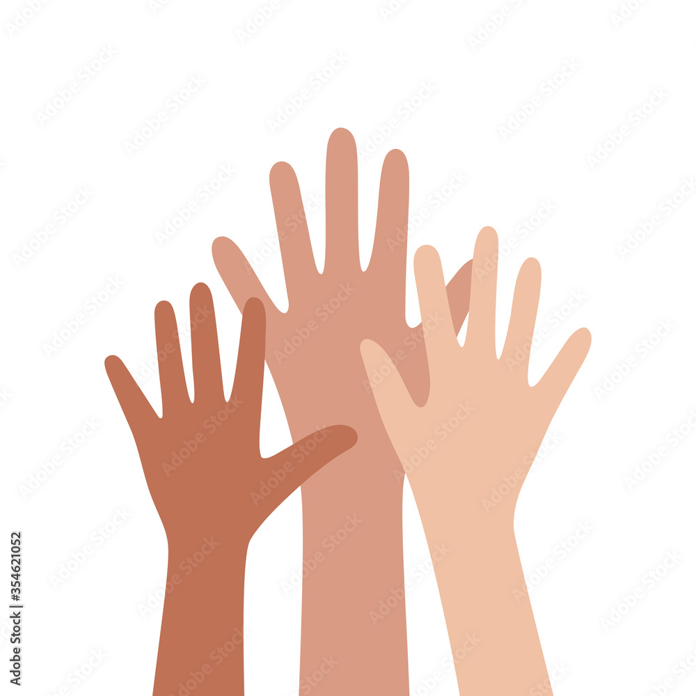 Hands up vector illustration with different skin colors. Raised hands ...