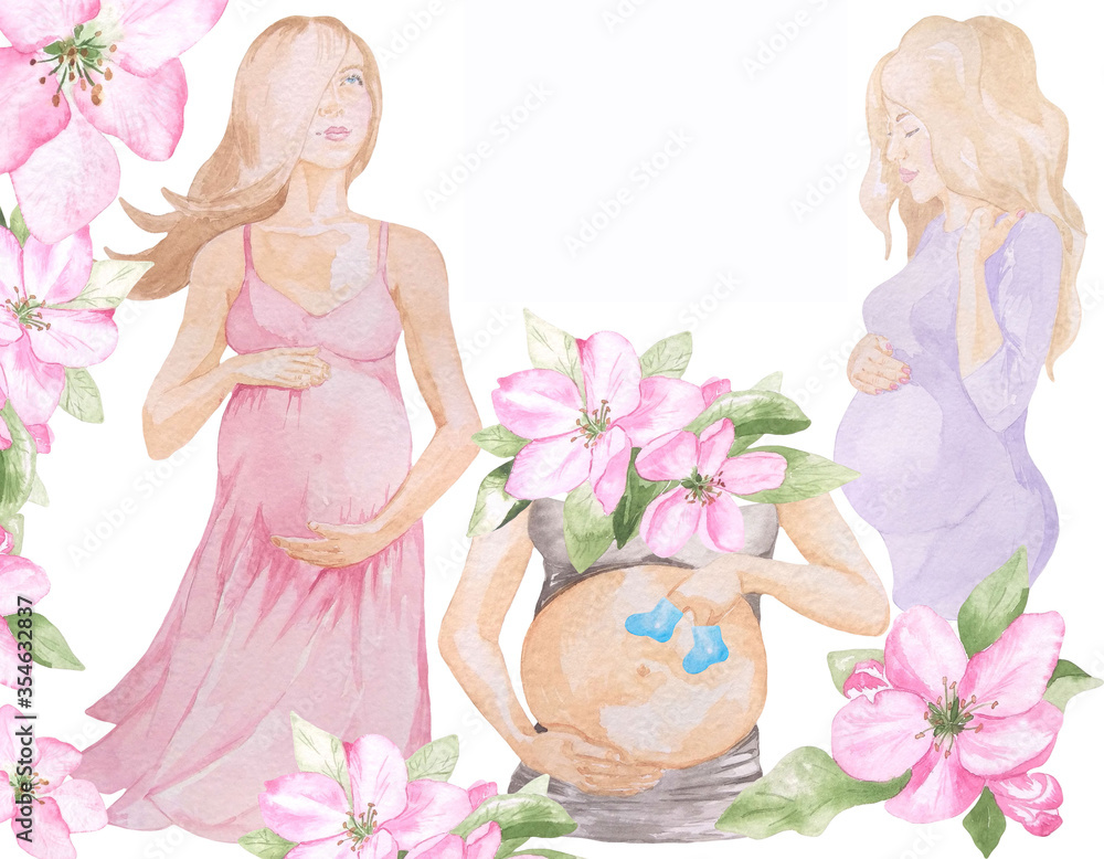 Watercolor illustration of pregnant beautiful women among pink flowers ...