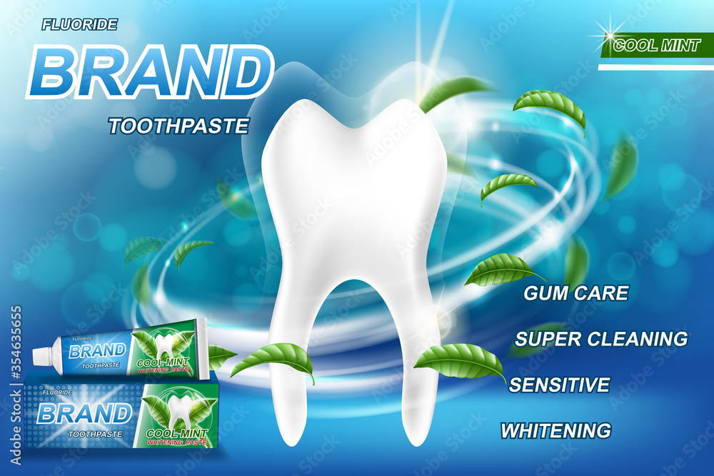 Mint toothpaste concept ads, isolated on blue. Tooth model and product ...