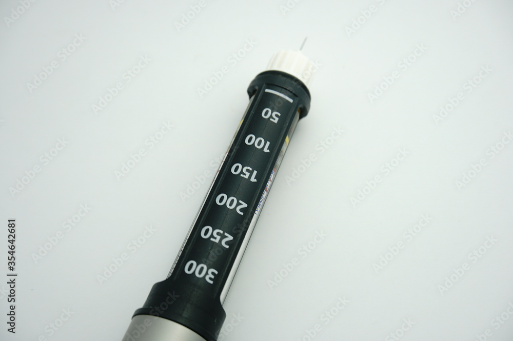 Insulin pen and insulin cartridge isolated on white background.Medical ...