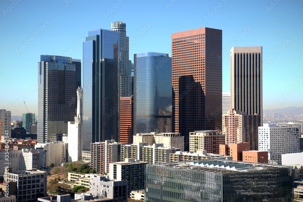 Downtown Los Angeles - skyscrapers skyline. Blue, sunny sky of ...