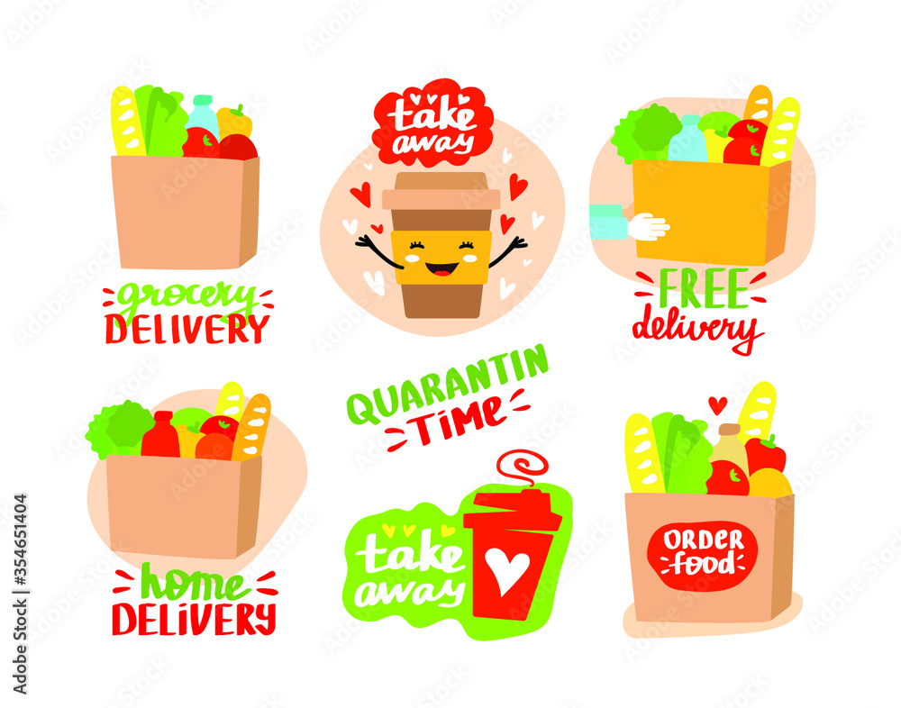 Paper bag with foods. Grocery delivery concept set. Flat cartoon style ...