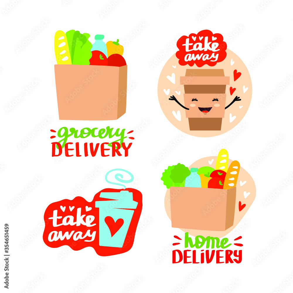 Paper bag with foods. Grocery delivery concept set. Flat cartoon style ...