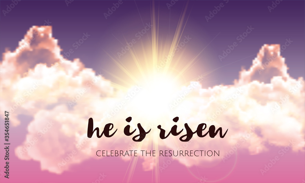 He is risen. Easter banner background with clouds and sun rise. Vector ...