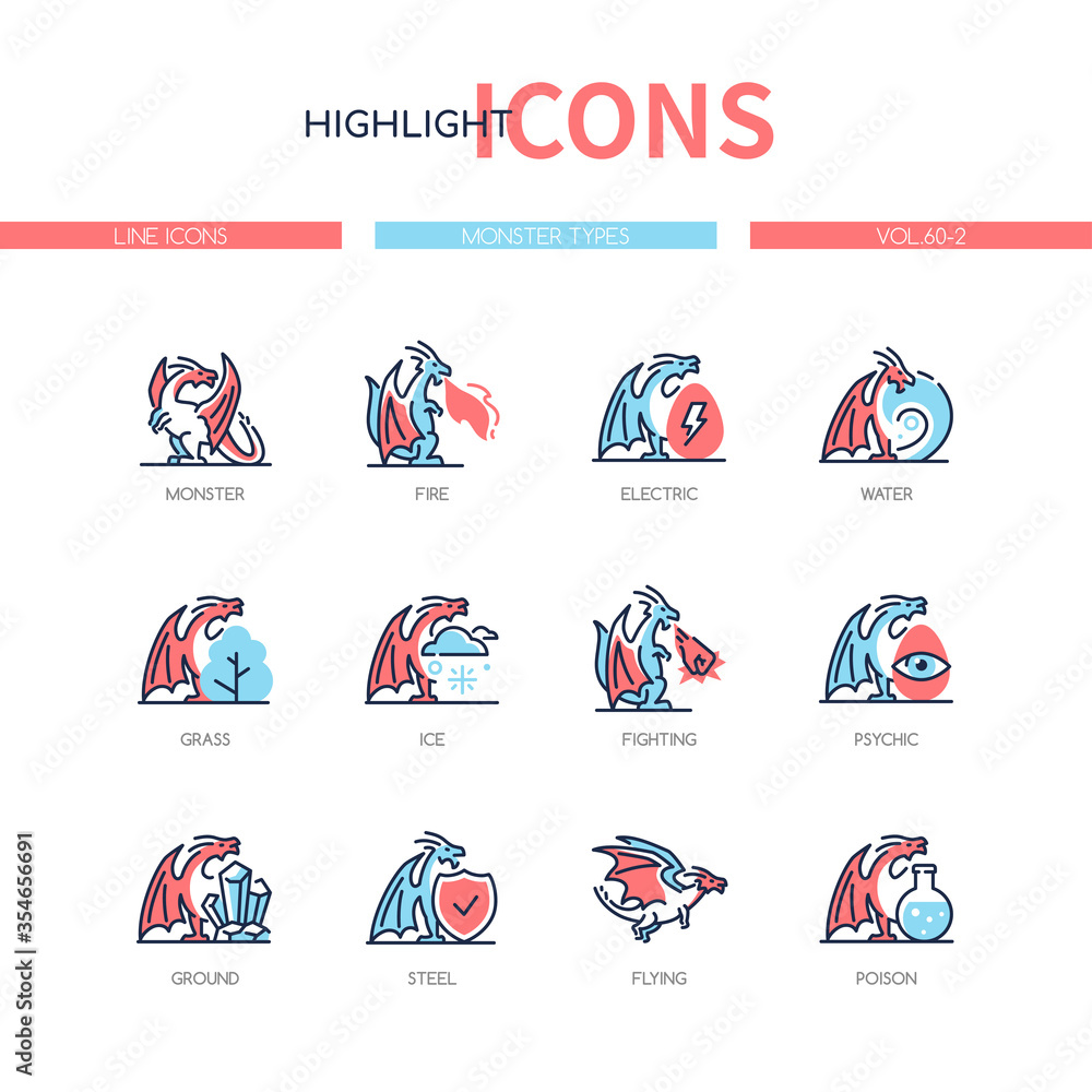 Monster types - line design style icons set Stock Vector | Adobe Stock