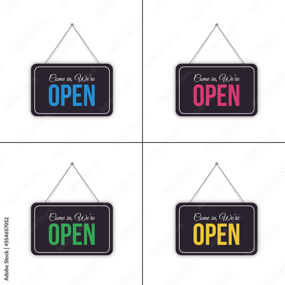 we are open on the black signboard, cafe, or shop sign. Vector door ...