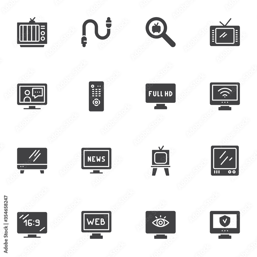 TV screen vector icons set, modern solid symbol collection, filled ...