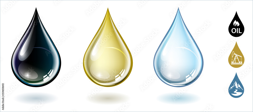 Set of crude oil, petroleum, motor oil and blue water drops. Collection ...