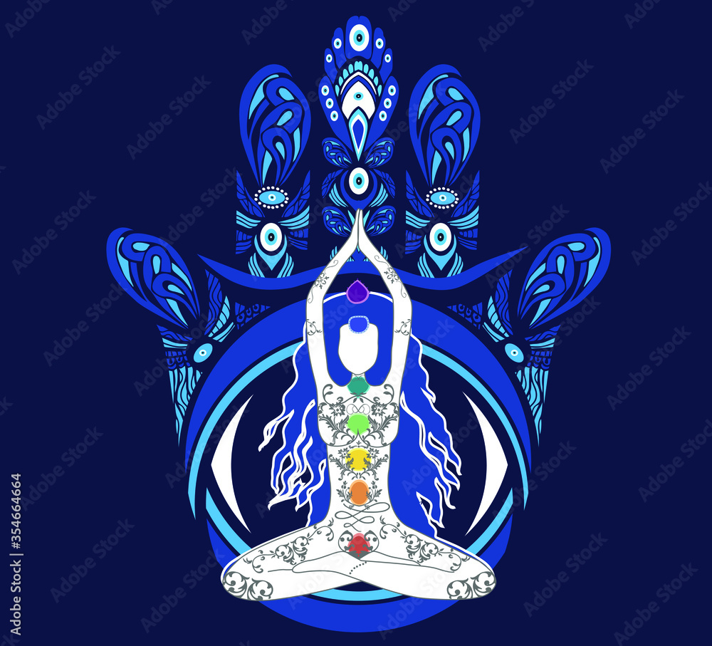 Human silhouette sitting in lotus position with chakras over hamsa ...