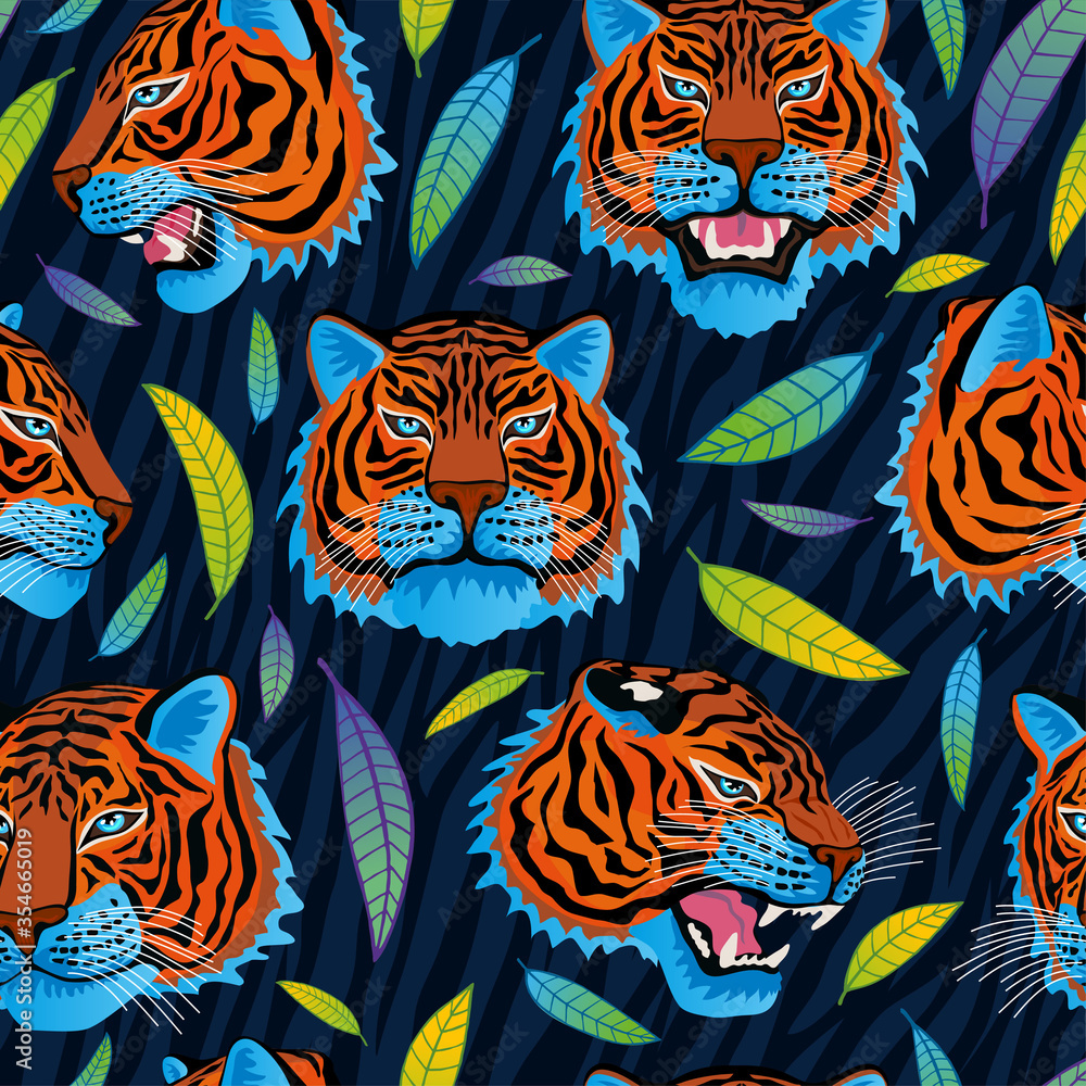 Seamless pattern. Red tiger head roar wild cat in colorful jungle ...