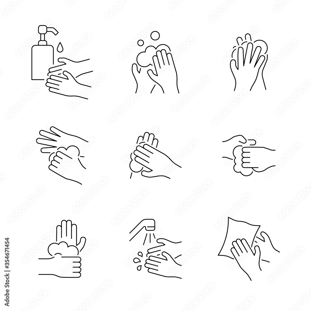 Hand washing line icon set on white background. Hand hygiene vector ...