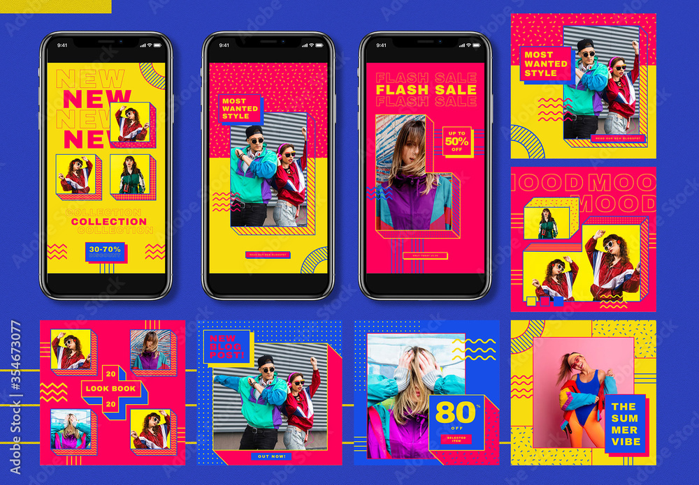 Retro Nineties Social Media Posts Layout Stock Template | Adobe Stock