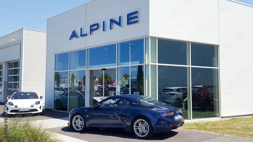 alpine A110 sports car front of dealership store building Stock Photo ...