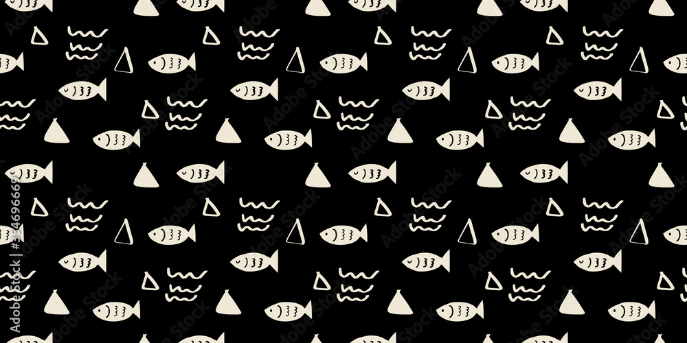 Graphic hand drawn black and white fish seamless vector patter for ...