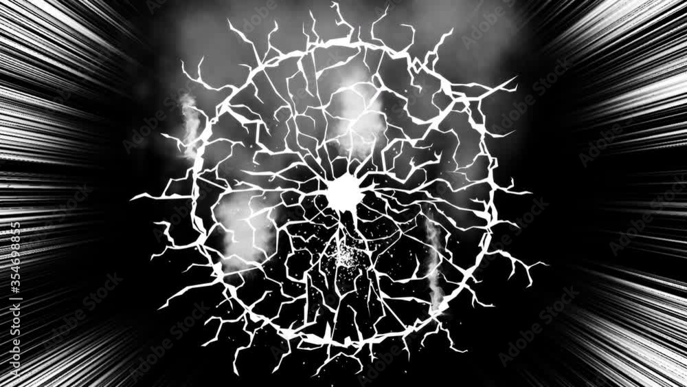 Black surface wall crack with hole. Smoke, Fog, Dust. Broken hole ...