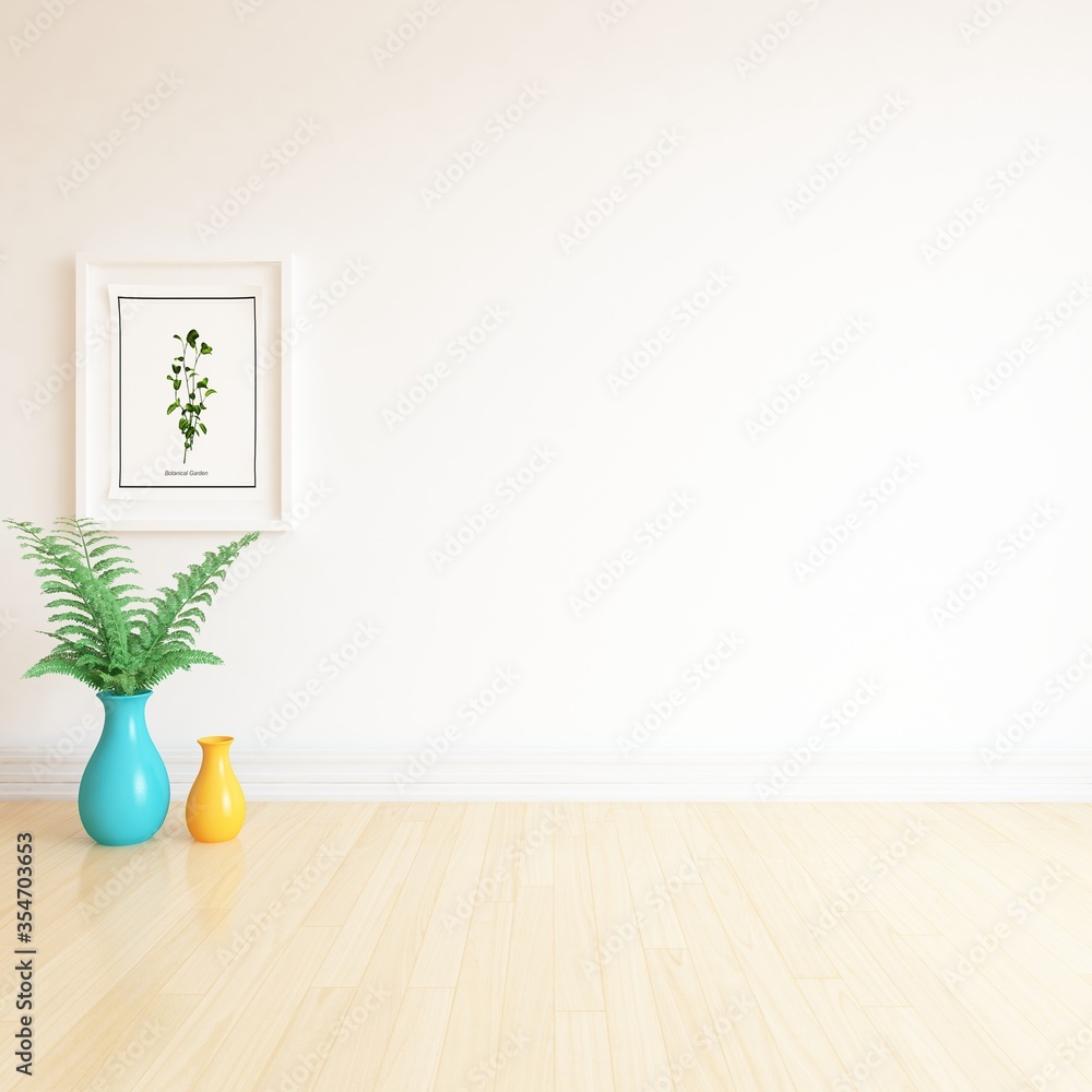 Minimalist empty room interior with vases on a wooden floor, decor on a ...