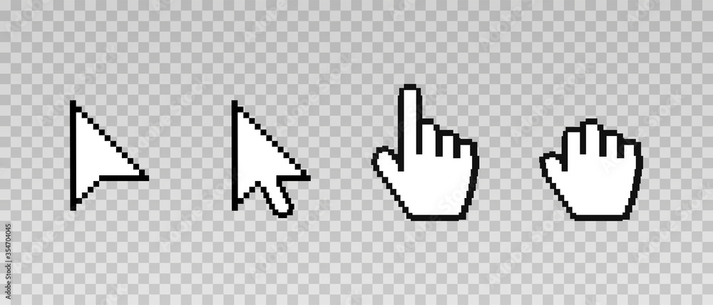 Pixel arrow web cursors, digital hand pointers vector black pictograms on transparent background ...