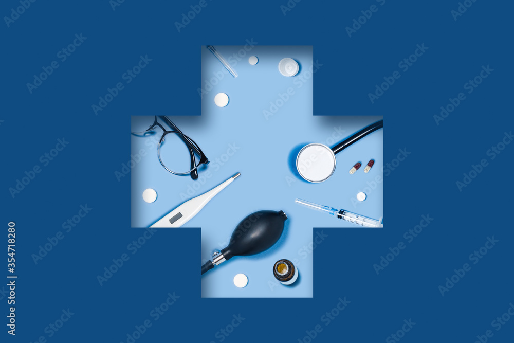 3D paper cut out art. Medical classic blue background with syringe ...
