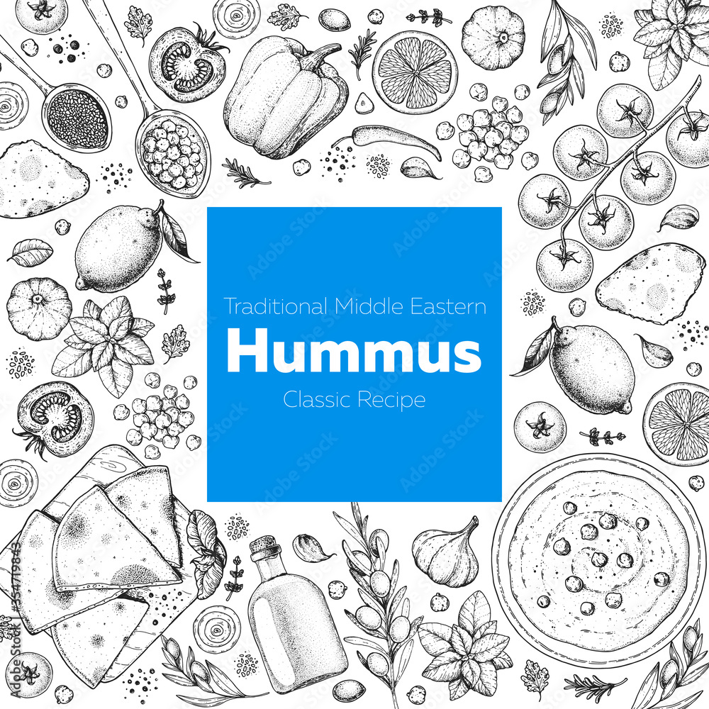 Hummus cooking and ingredients for hummus, sketch illustration. Middle ...