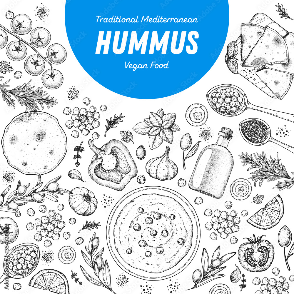 Hummus cooking and ingredients for hummus, sketch illustration. Middle ...