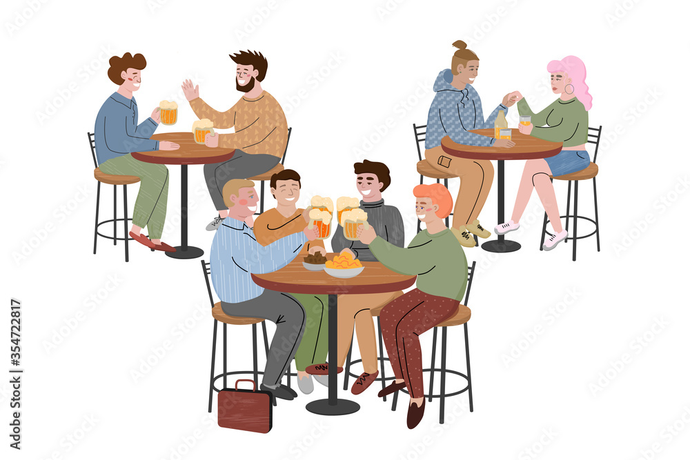 People sitting at the tables in a bar and drinking beer. Women and men ...