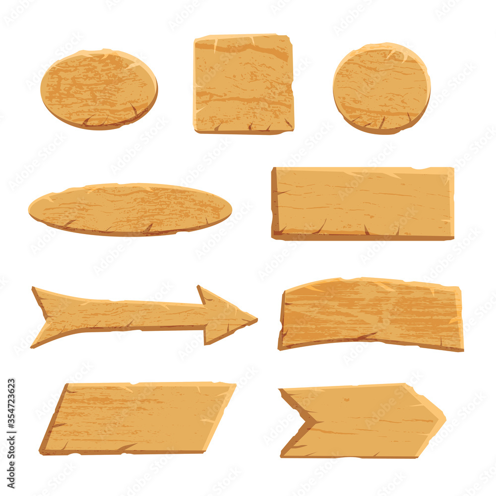 Set of cartoon wooden round and square tables and arrows. Rectangular ...