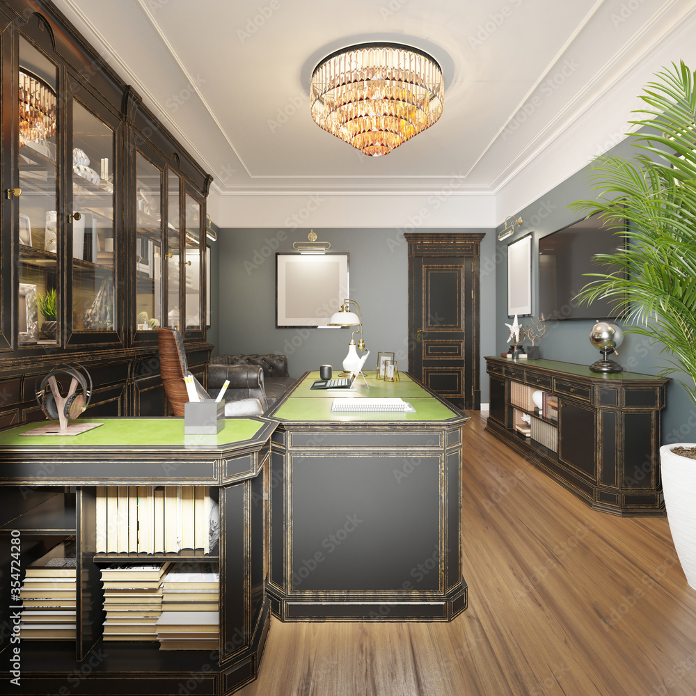 Classic interior study cabinet with a study table, bookcase with ...