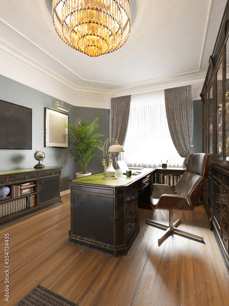Classic interior study cabinet with a study table, bookcase with ...