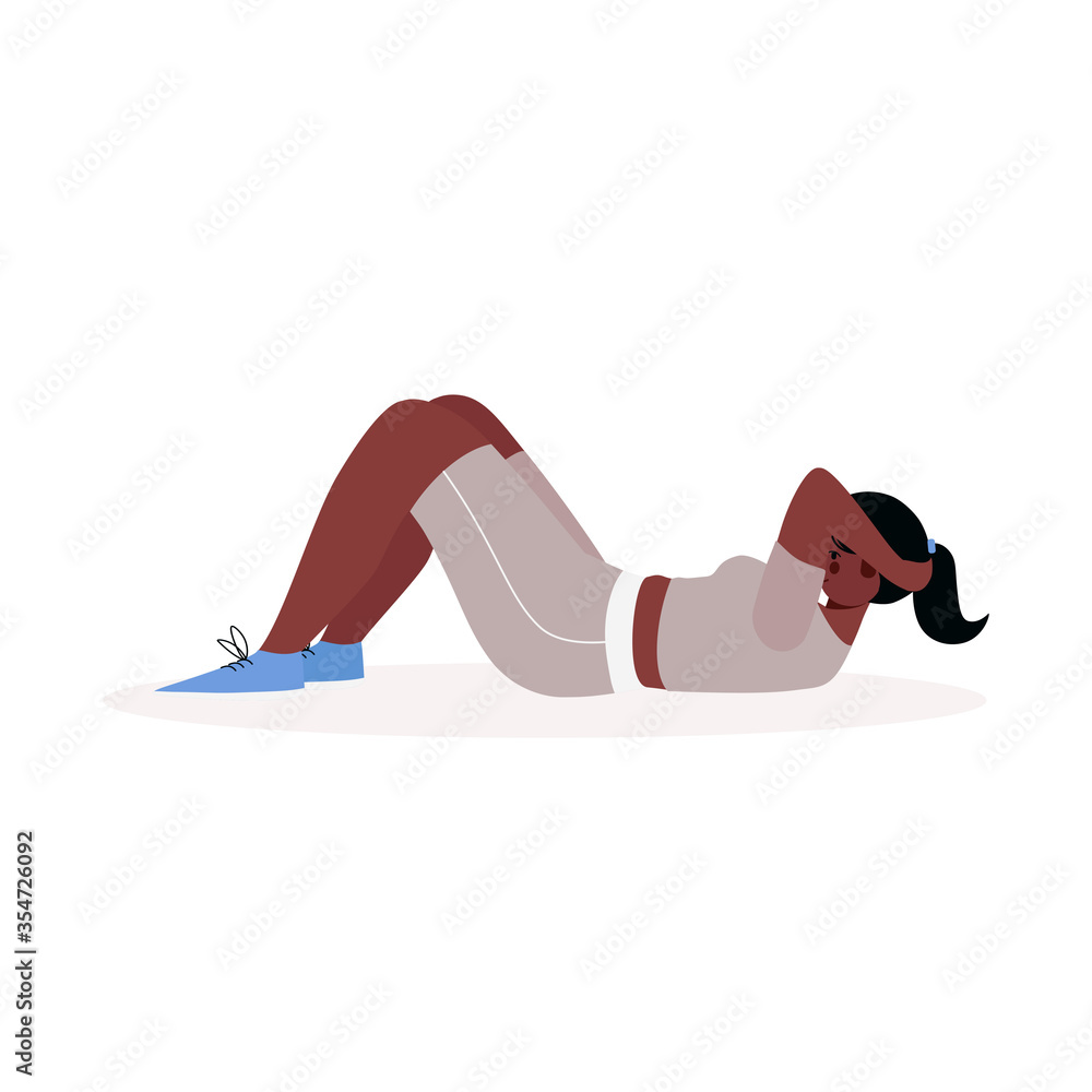 Woman doing crunches in sportswear in the gym. Belly burn workout. Girl ...