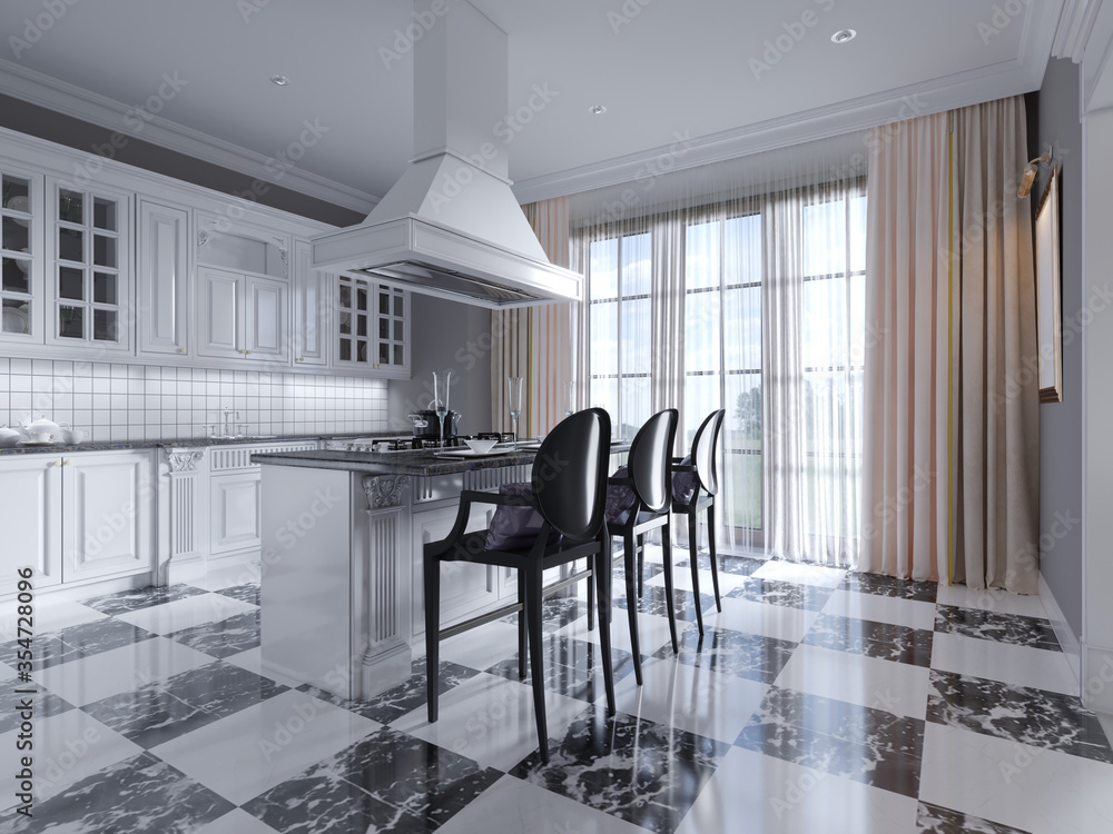 Modern art deco style kitchen with trendy black and white furniture and ...