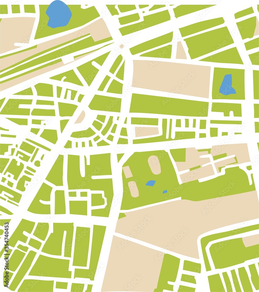 Abstract city map vector illustration with streets, parks and ponds ...