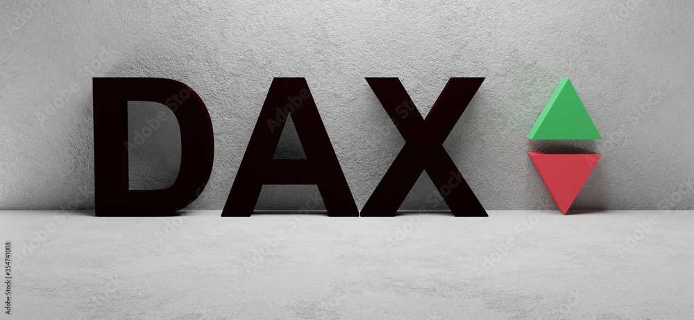cgi render illustration of the word DAX infront of a white concrete ...