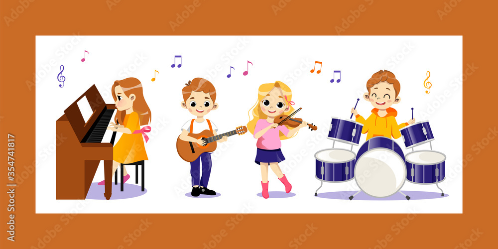 Advertisment Of Music Classes For Children Concept. Happy Talented ...