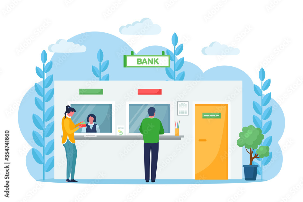 Cashier women working at cash desk in a bank. Client and teller behind ...