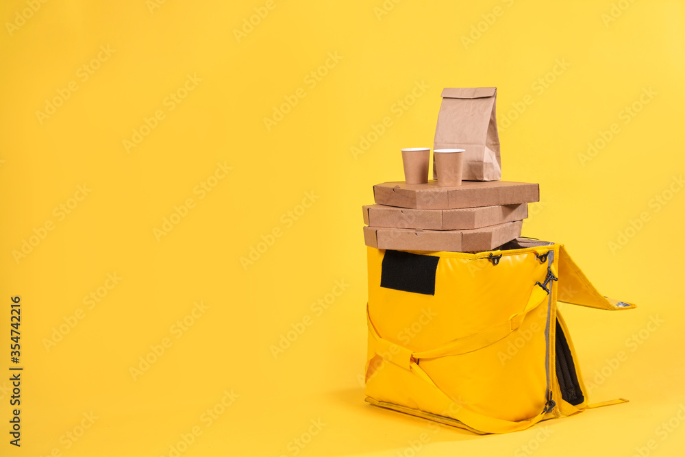 Yellow refrigerator bag for food delivery or for trip to nature and ...