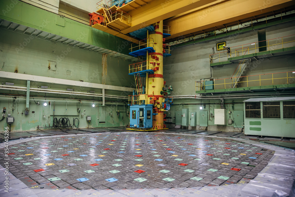 Nuclear power plant. Central hall of the nuclear reactor, reactor lid ...
