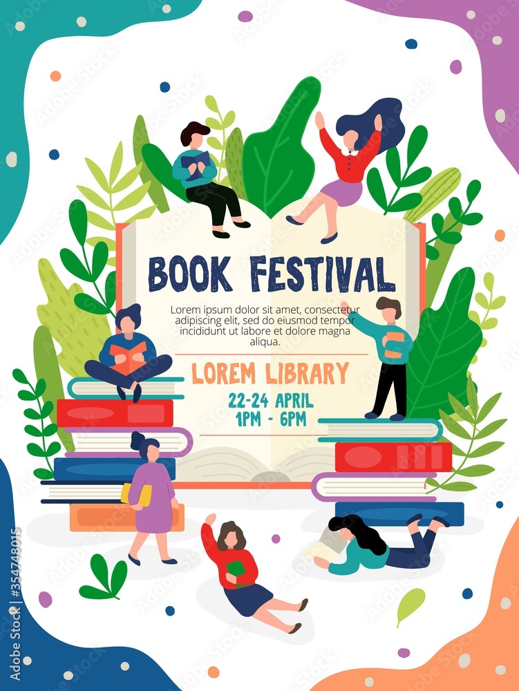 Book festival invitation or poster with address vector illustration ...