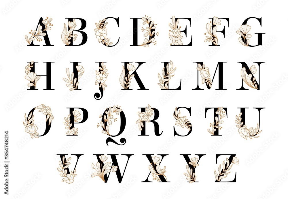 Elegant font design with floral decoration vector illustration. Modern ...