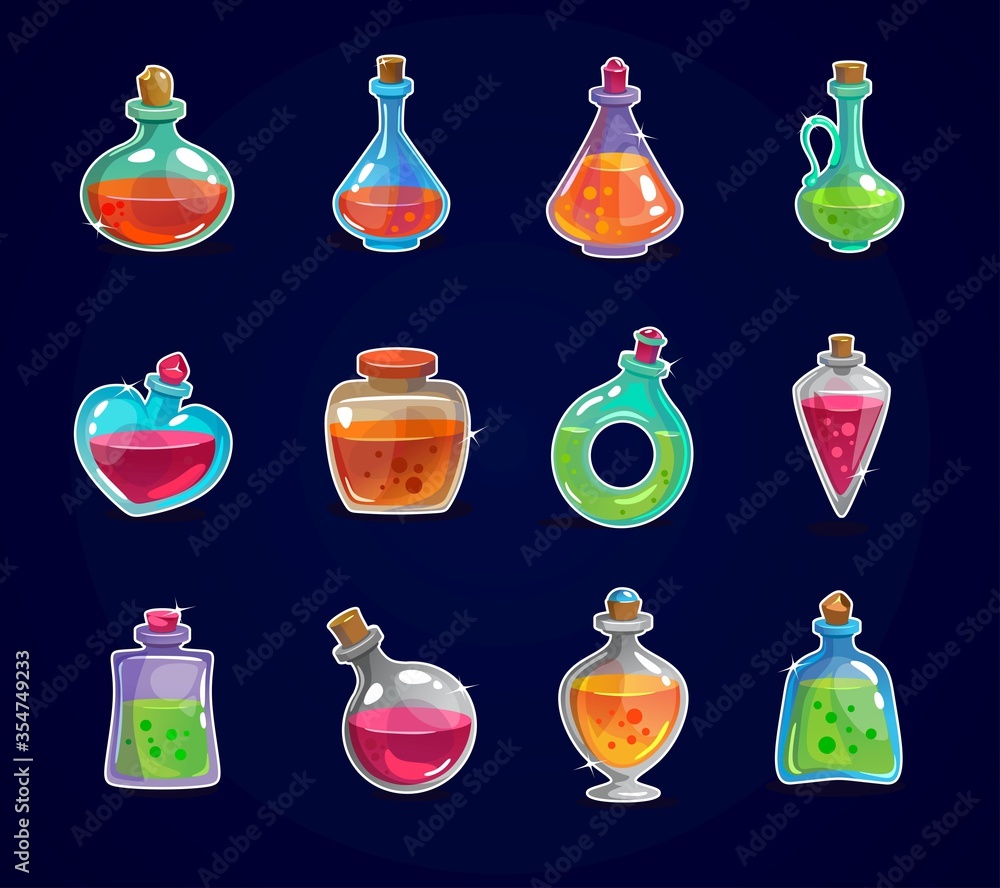 Magic bottles set with elixir on dark background vector illustration ...
