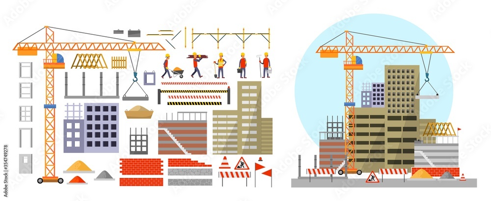 Construction elements and building process vector illustration. Crane ...