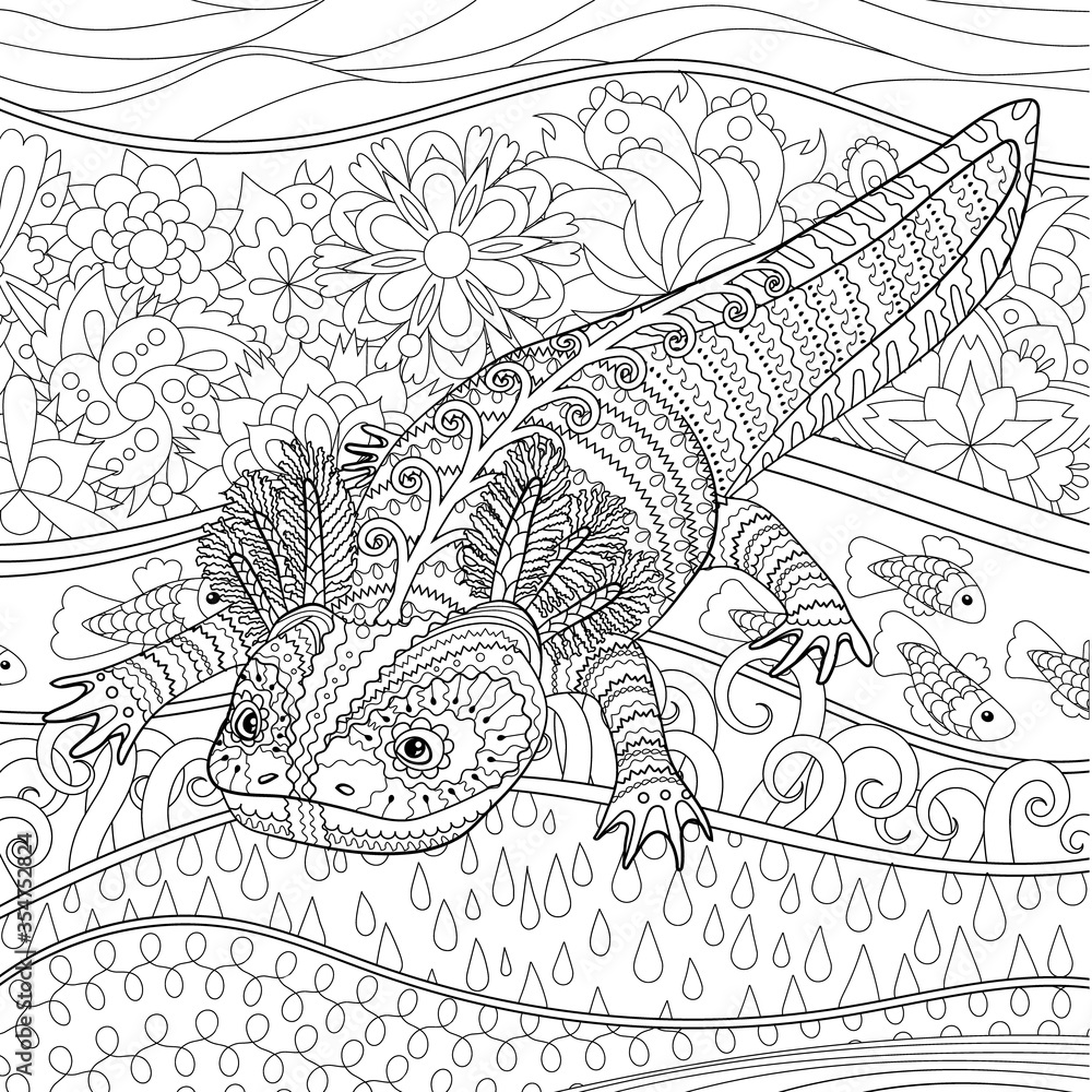 Coloring page for adults with axolotl and complex background in ...