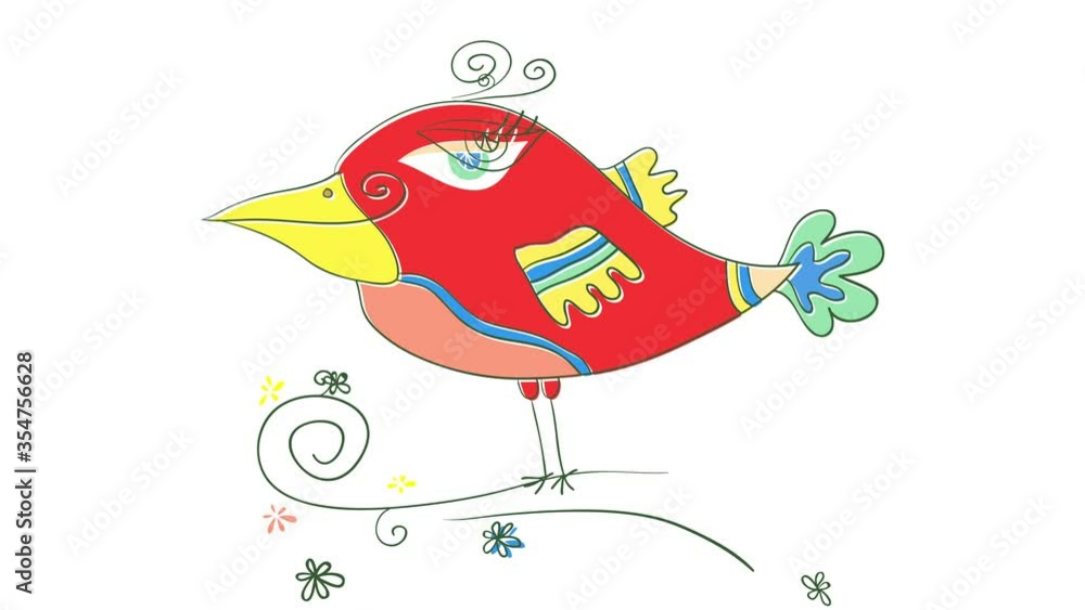 animated drawing of exotic bird forming gradually with bright colors ...