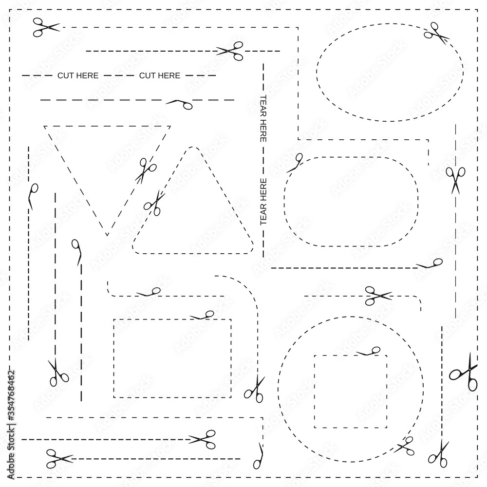 Vector illustration of 25 cut lines and coupons with scissors and text ...