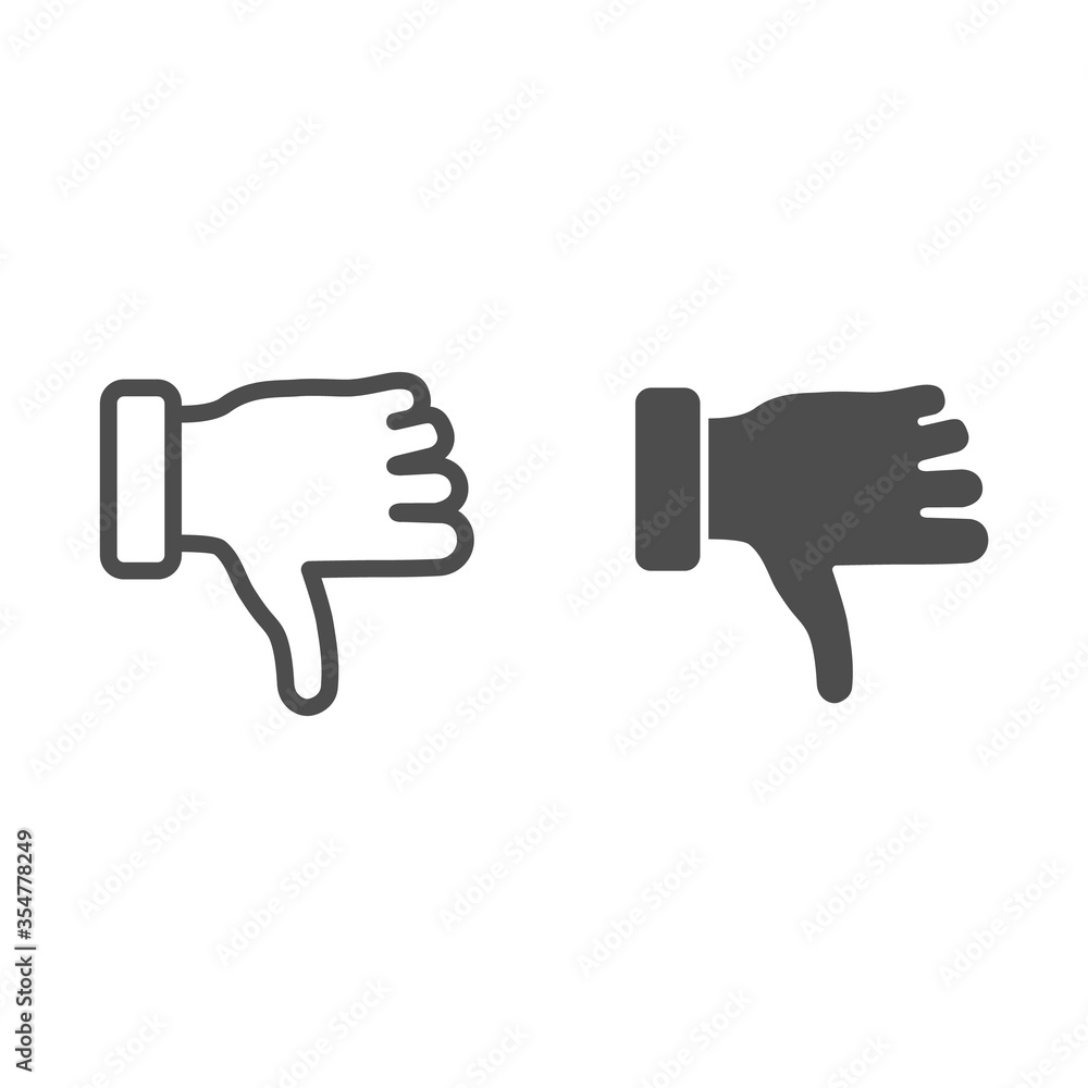 Dislike gesture line and solid icon, gestures concept, Thumbs down finger sign on white ...