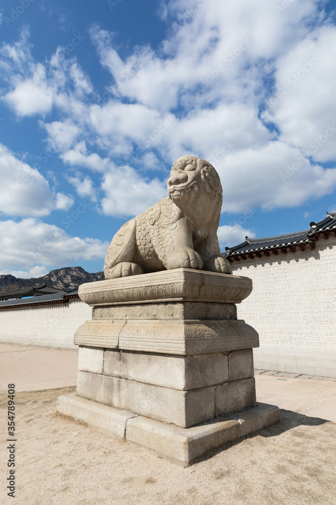 Haetae Stone Statue, a legendary animal protecting Gyeongbokgung Palace in Korea Stock Photo ...