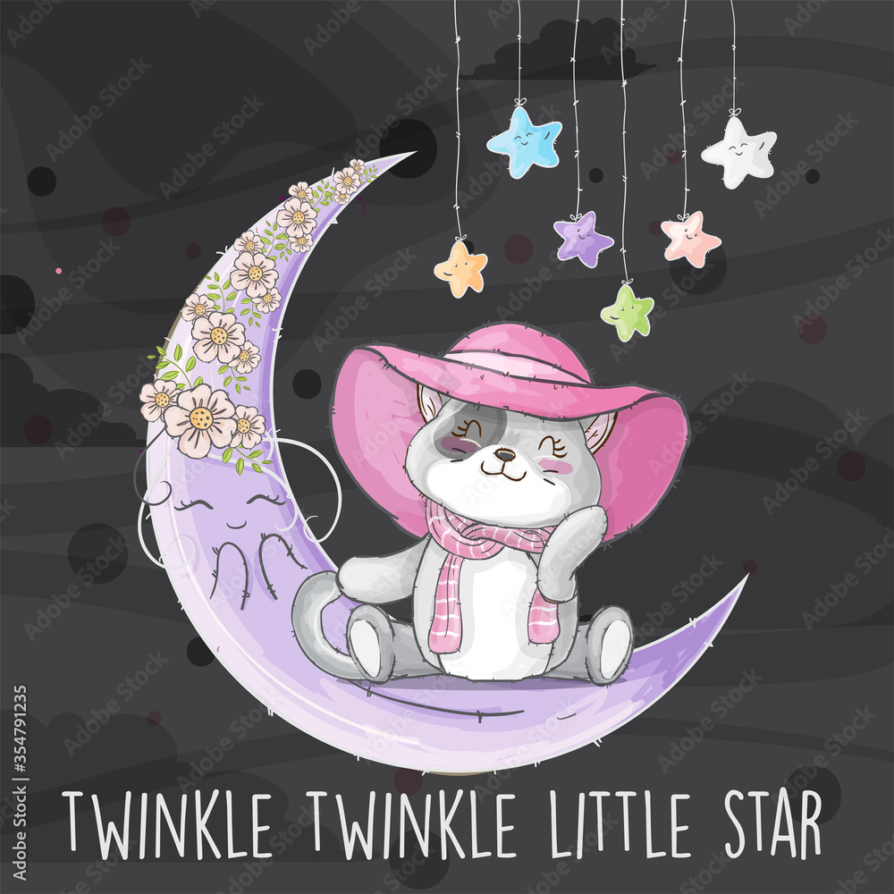 Little cat and cute moon with flower and star cartoon illustration for ...