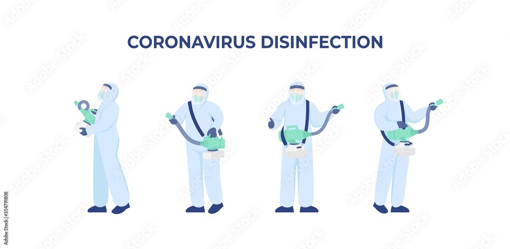 Disinfection Staff in protective suit holding chemical sprayer for ...